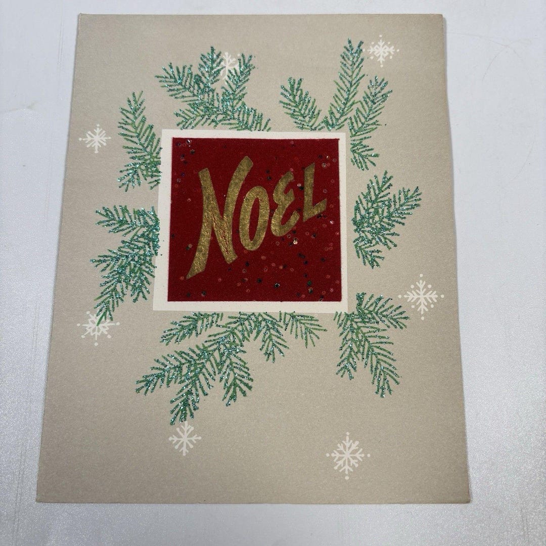 Vintage Prize Card NOEL Christmas Card Felt Flocked Glitter Fir ...