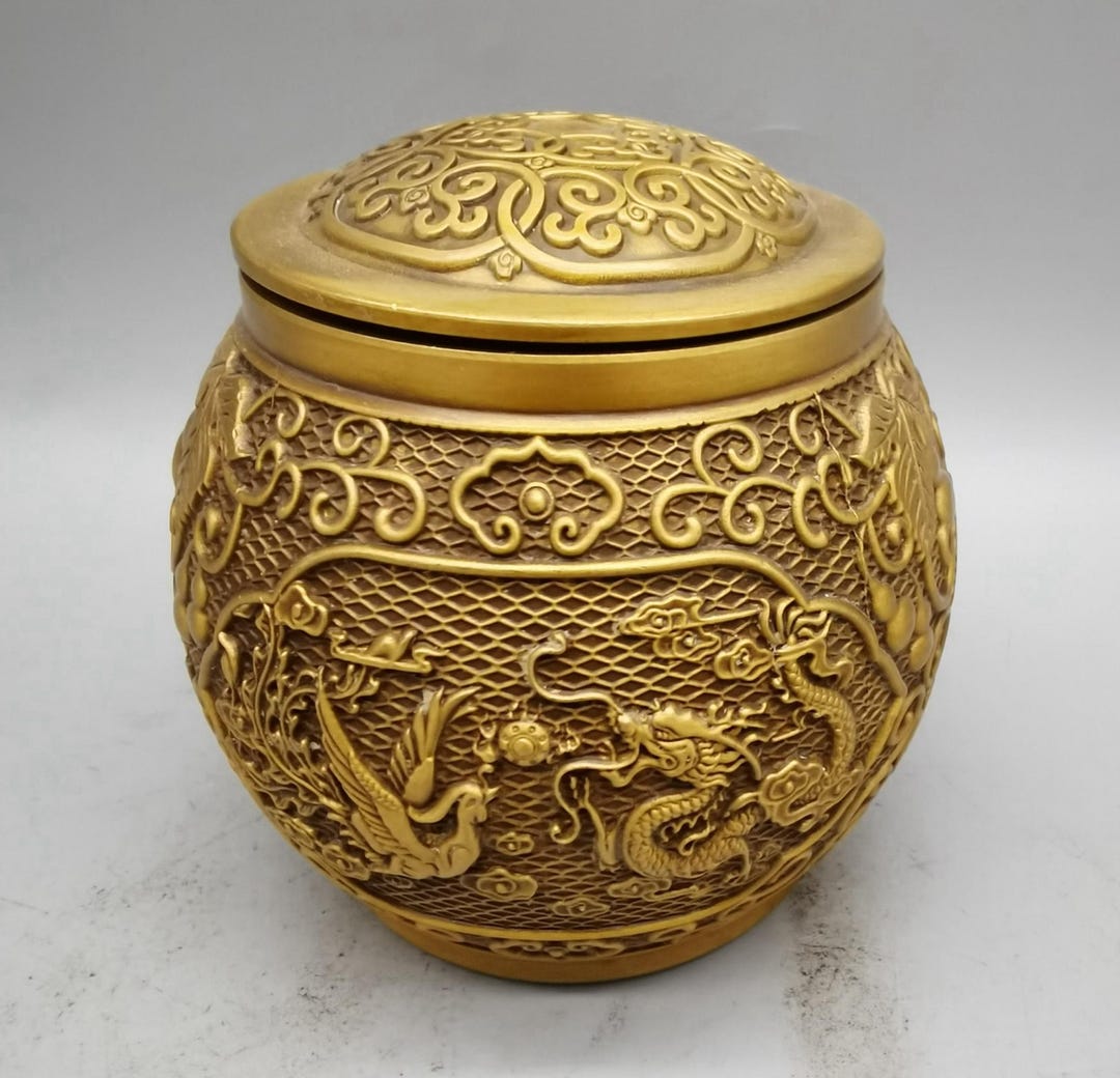 Vintage Brass Carved Dragon and Phoenix Tea Canister - Etsy