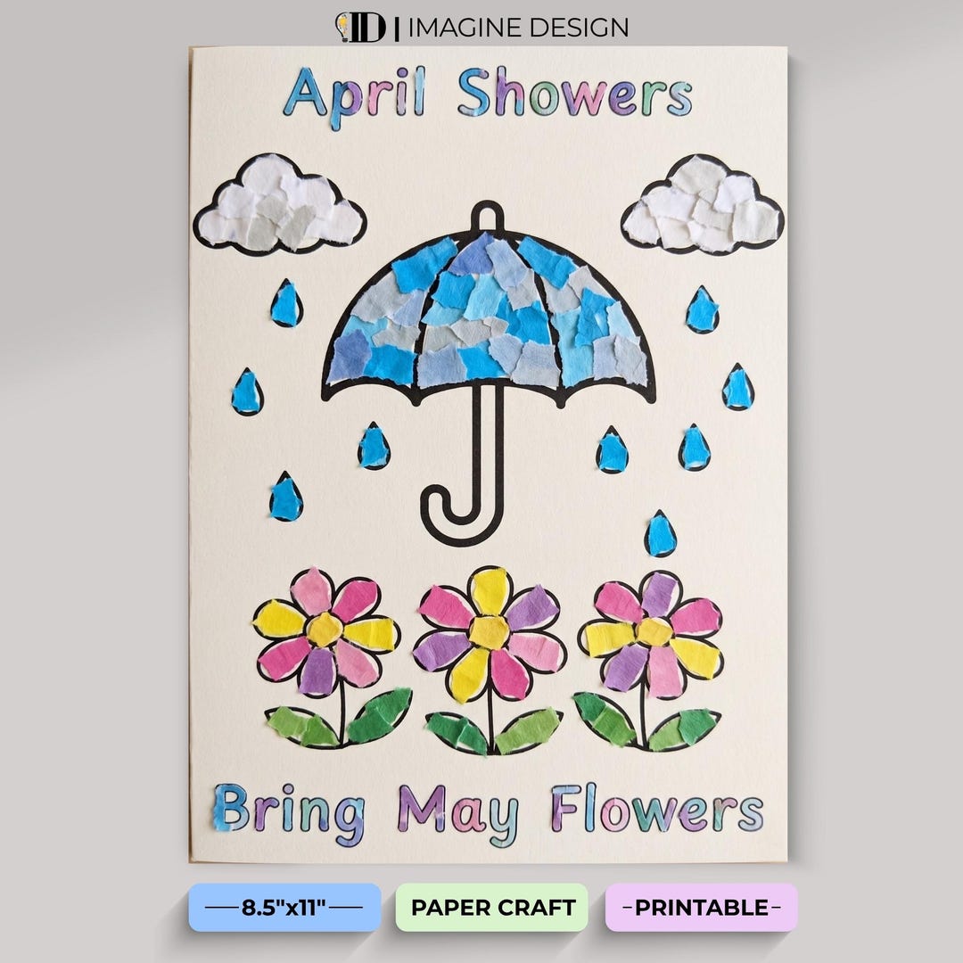 Spring Torn Paper Craft Printable, April Showers Bring May Flowers ...