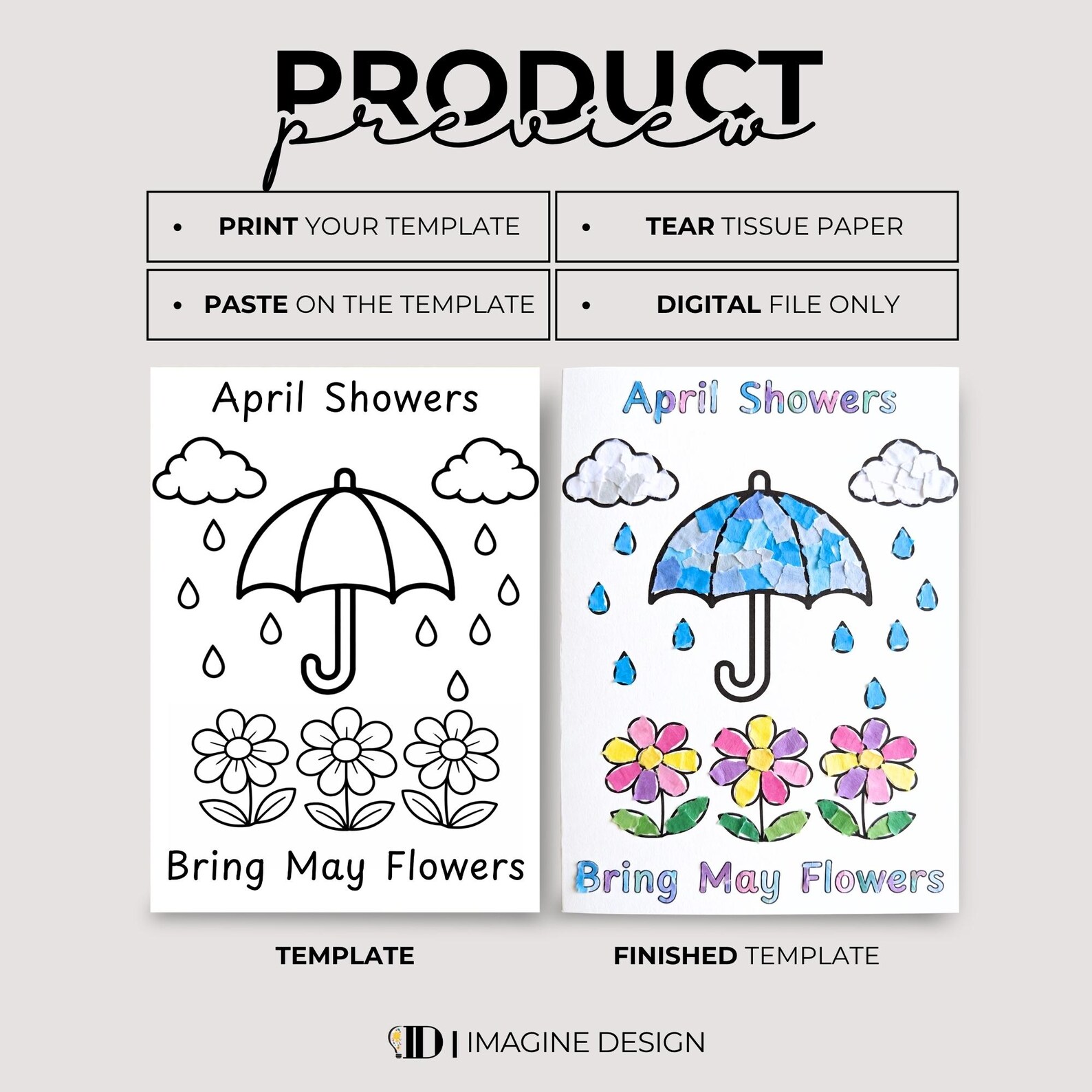 Spring Torn Paper Craft Printable, April Showers Bring May Flowers ...