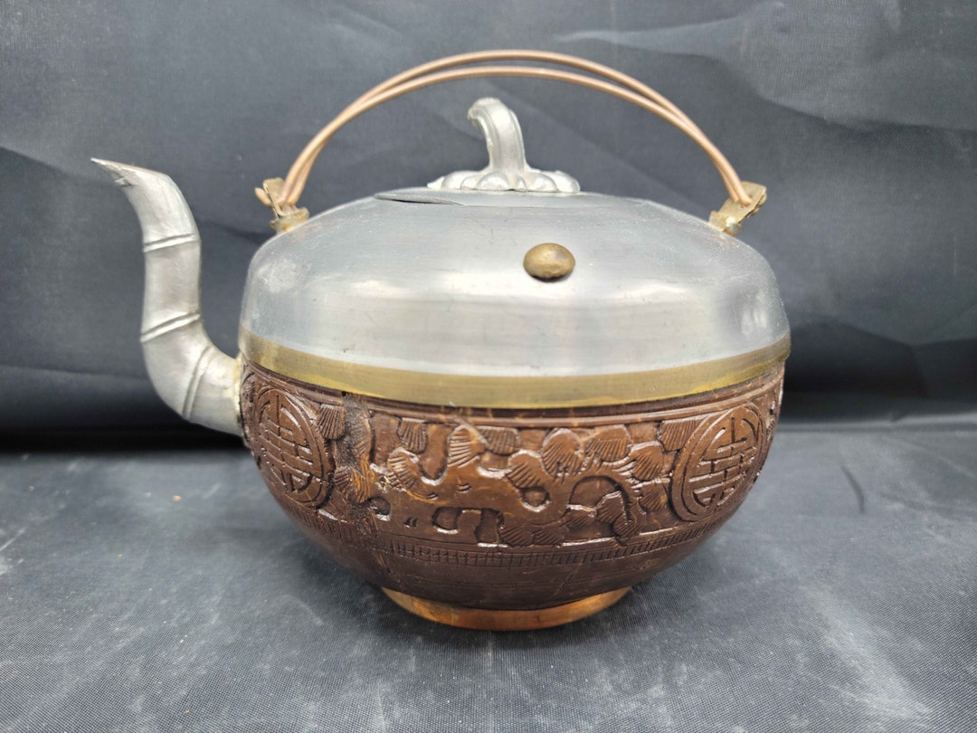 Hand Carved Coconut Shell & Pewter Teapot Chinese - Etsy