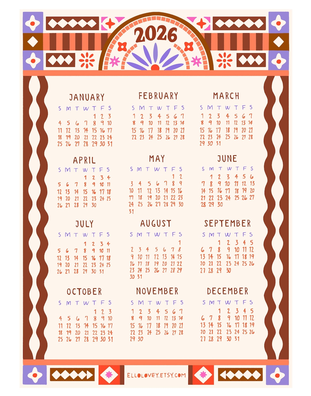 11x14 2026 Colorful Tile Year Calendar at a Glance Digital Download - Etsy