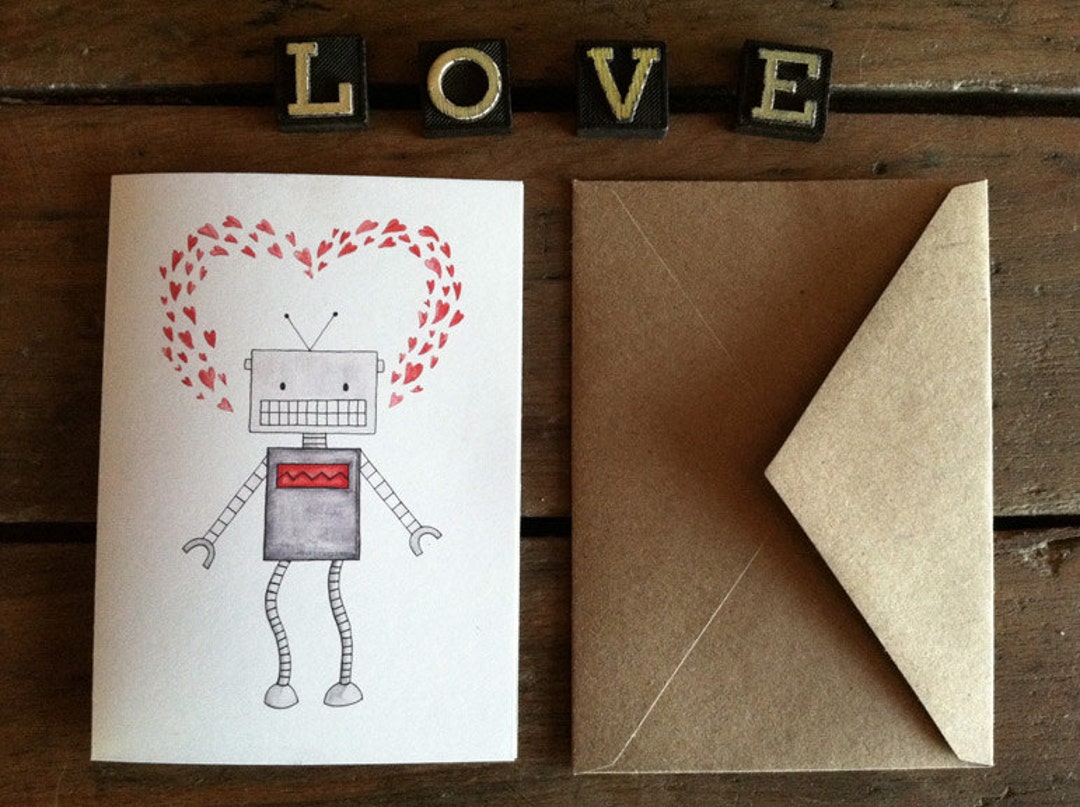 Robot Love Card - Watercolor - Etsy