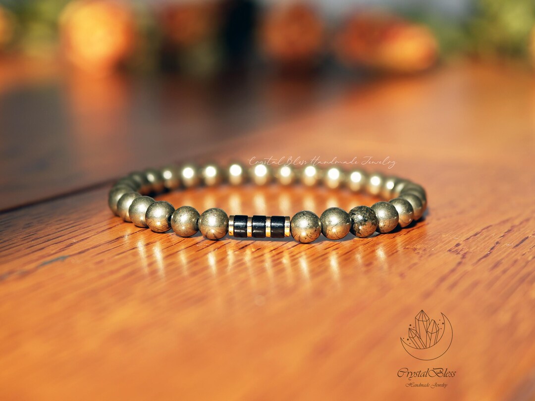 Custom Pyrite Black Onyx 14K Gold Men's Bracelet, Wealth Protection ...