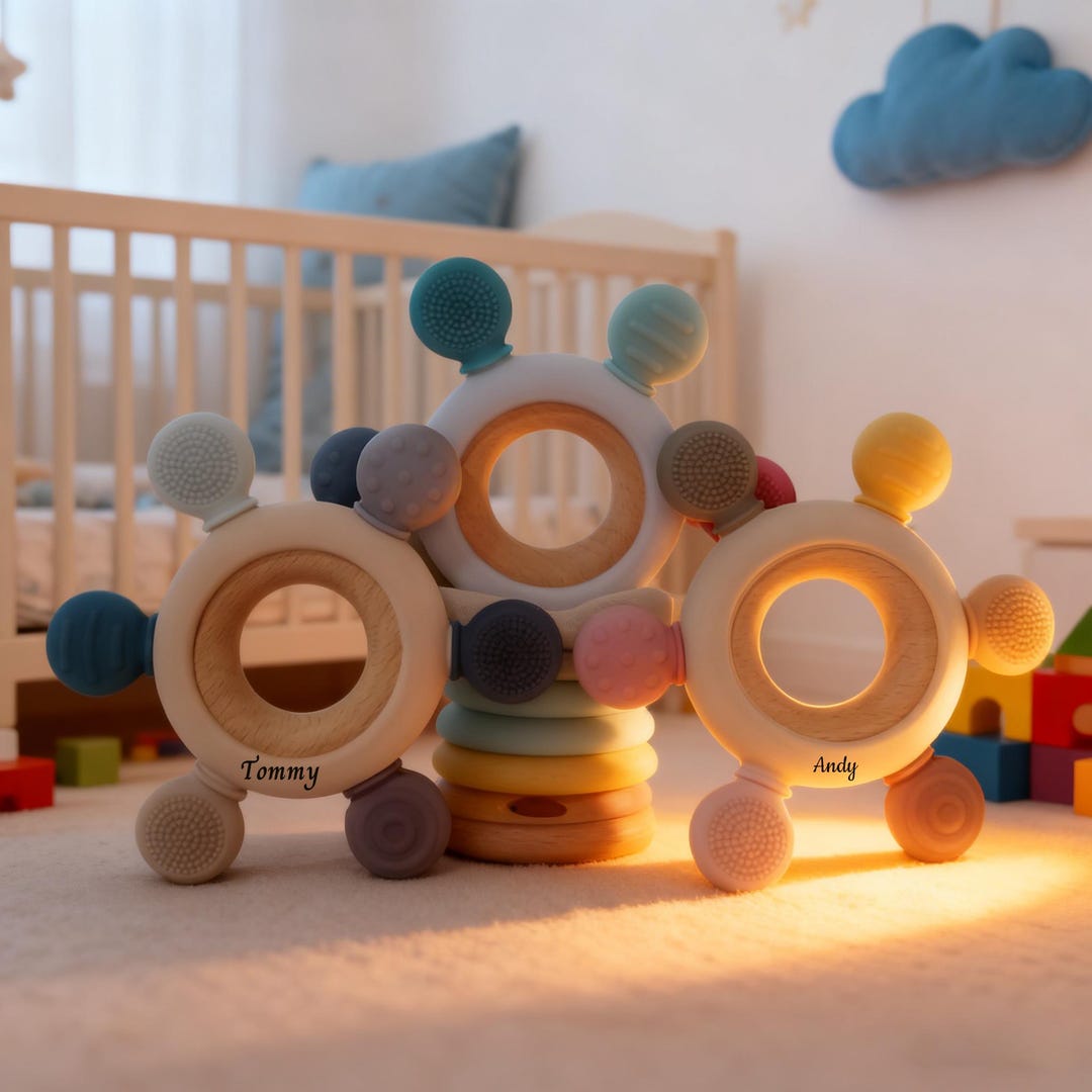 Baby-beißring Aus Holz Und Silikon, Personalisierbar, Abnehmbares ...