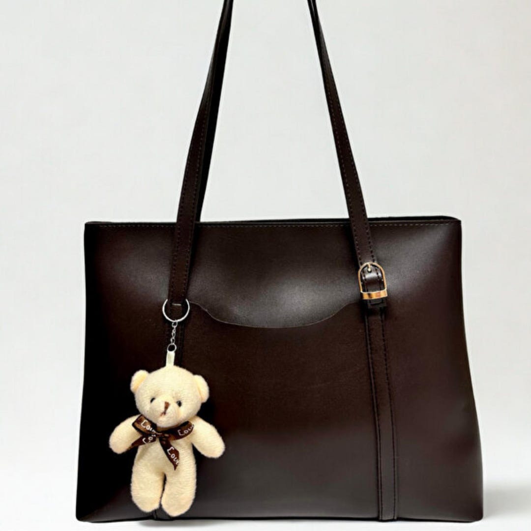 Women's Brown Vegan Leather Shoulder Bag With Zipper and Bear Keychain ...