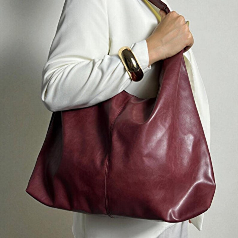 Large Faux Leather Tote Bag | Minimalist Shoulder Style, Brown, City ...