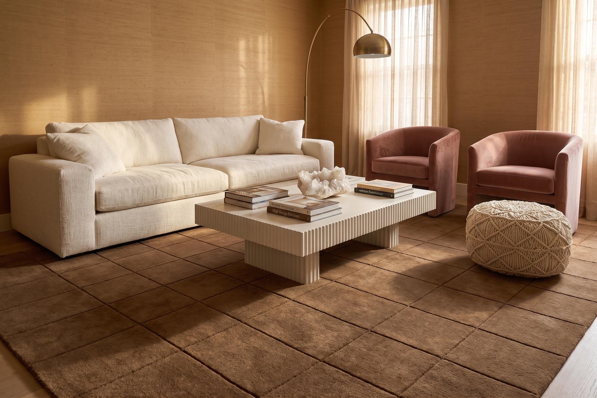 Hand Tufted Wool Rug Camel Beige Sculpted Grid – Minimalist Tonal Area ...
