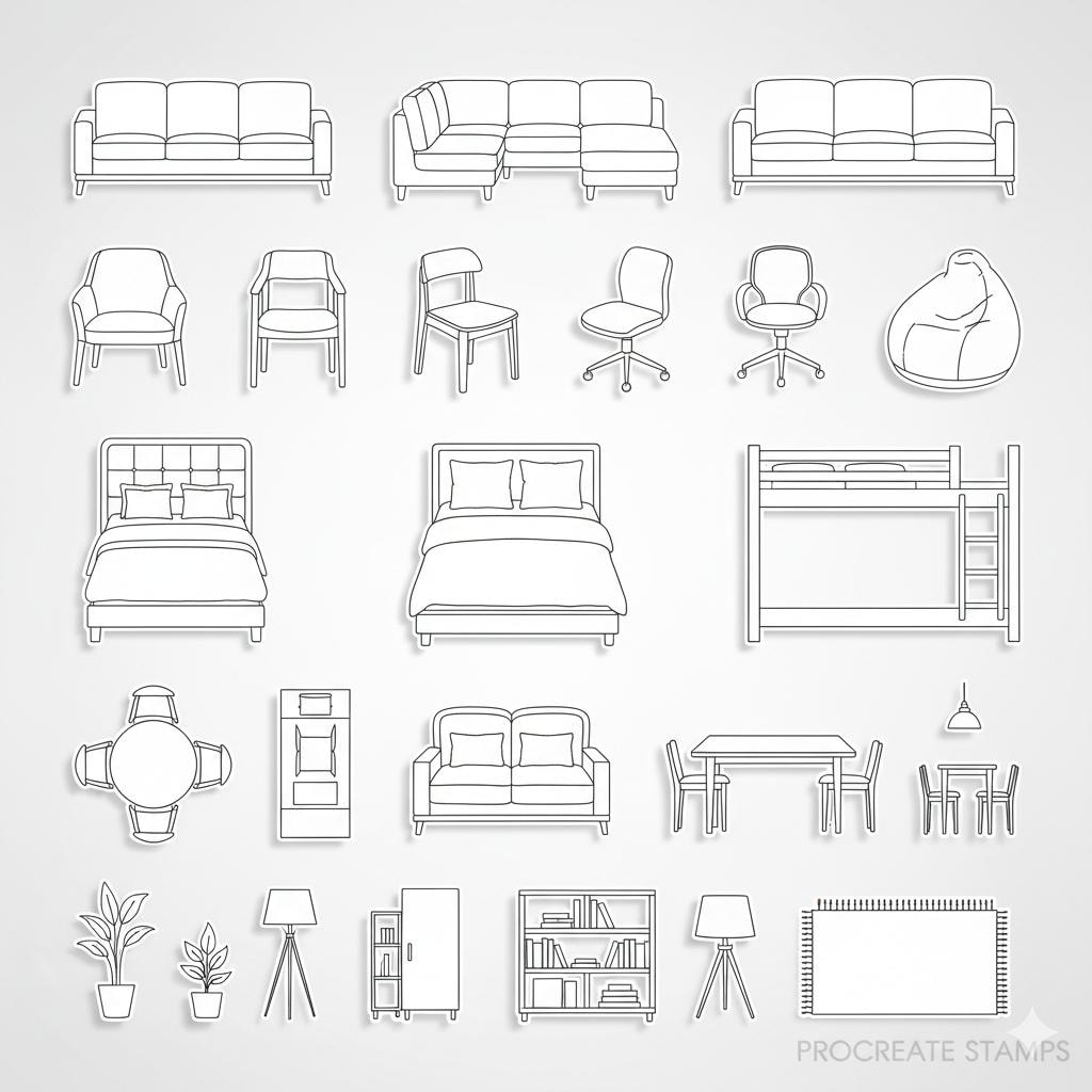 750 Interior Design Stamps for Procreate | Furniture, Room Layout ...