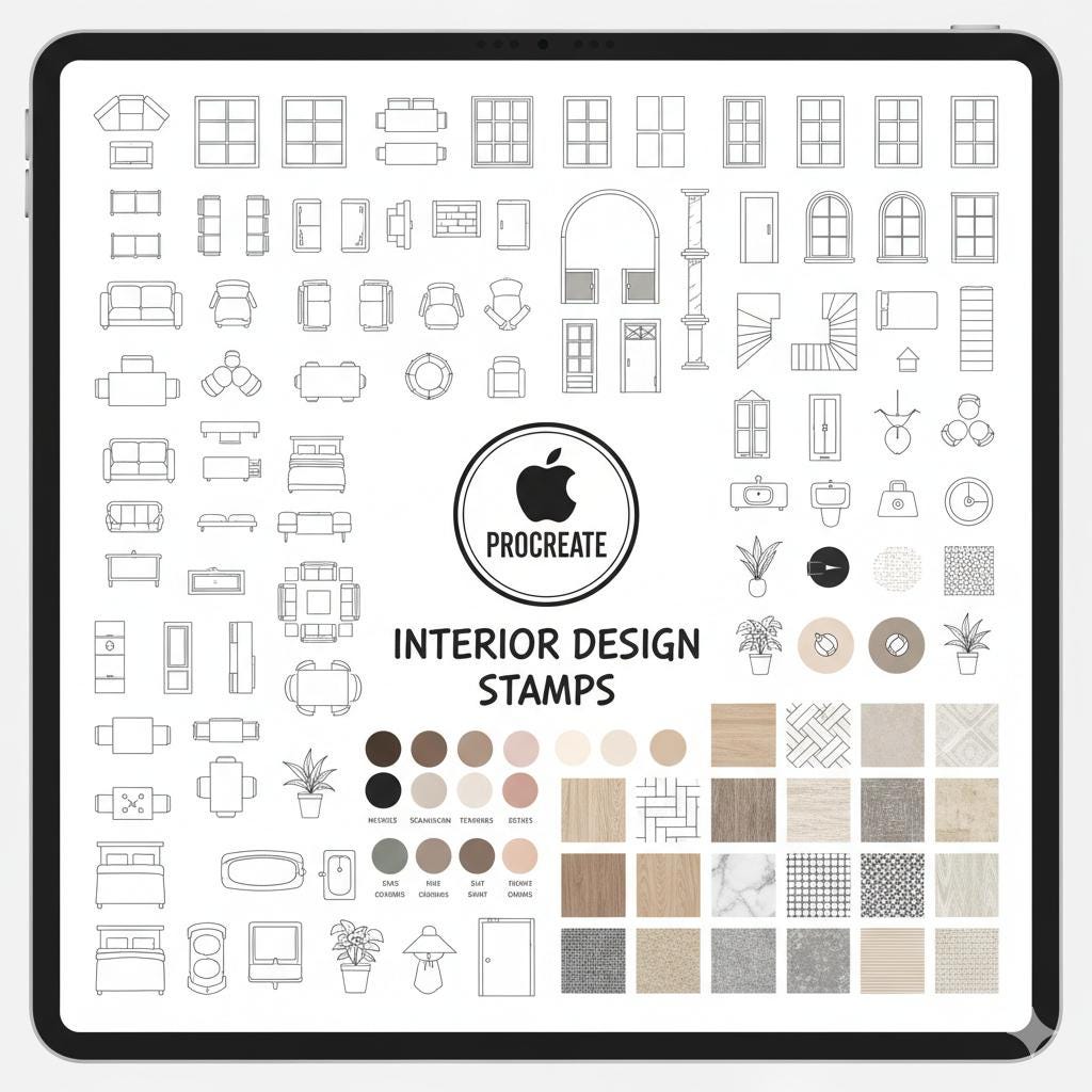 750 Interior Design Stamps for Procreate | Furniture, Room Layout ...