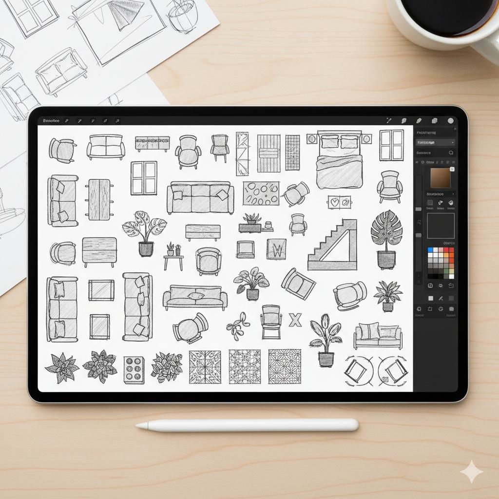 750 Interior Design Stamps for Procreate | Furniture, Room Layout ...