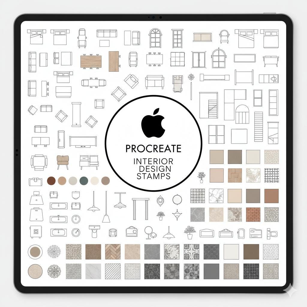 750 Interior Design Stamps for Procreate | Furniture, Room Layout ...