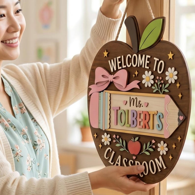 Personalized Apple Teacher Classroom Name Door Sign,3d Welcome Door ...