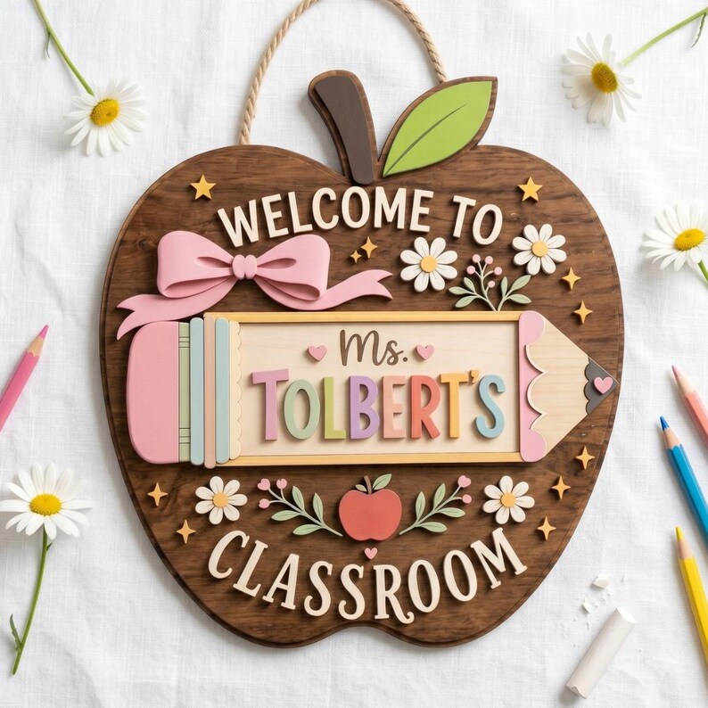 Personalized Apple Teacher Classroom Name Door Sign,3d Welcome Door ...