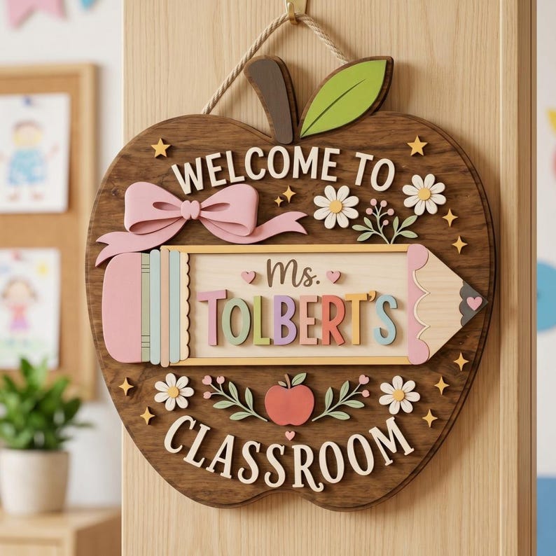 Personalized Apple Teacher Classroom Name Door Sign,3d Welcome Door ...