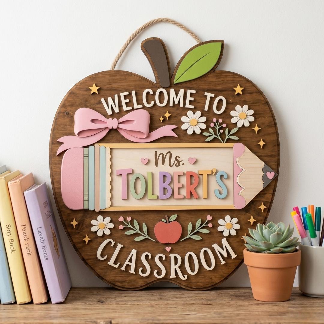 Personalized Apple Teacher Classroom Name Door Sign,3d Welcome Door ...