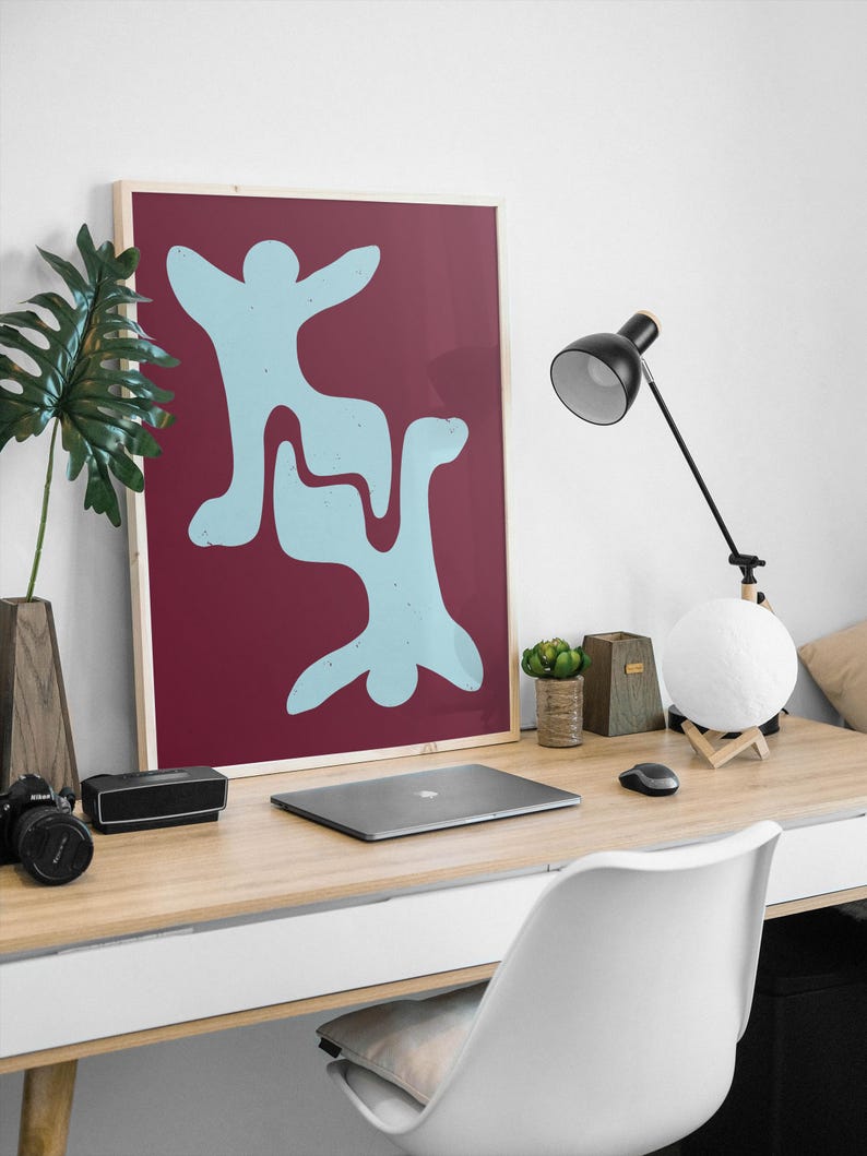Boho Abstract Figure Digital Print | Retro Blue Burgundy Human Shape ...