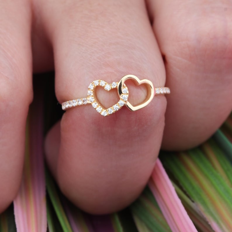 Solid Gold Double Heart Diamond Ring • Couple's Promise Ring - Etsy