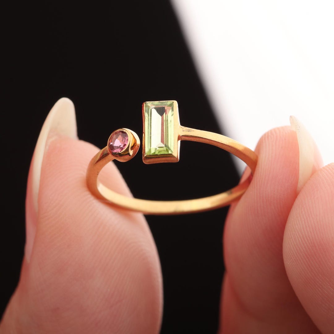 14kt Gold Birthstone Cuff Ring, Peridot and Pink Tourmaline - Etsy