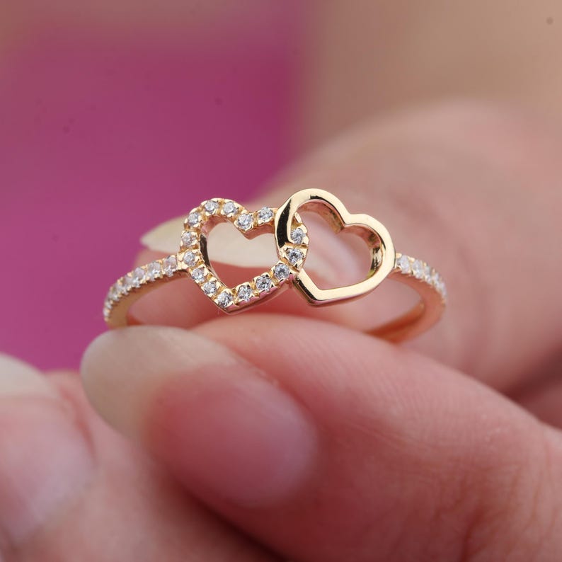 Solid Gold Double Heart Diamond Ring • Couple's Promise Ring - Etsy