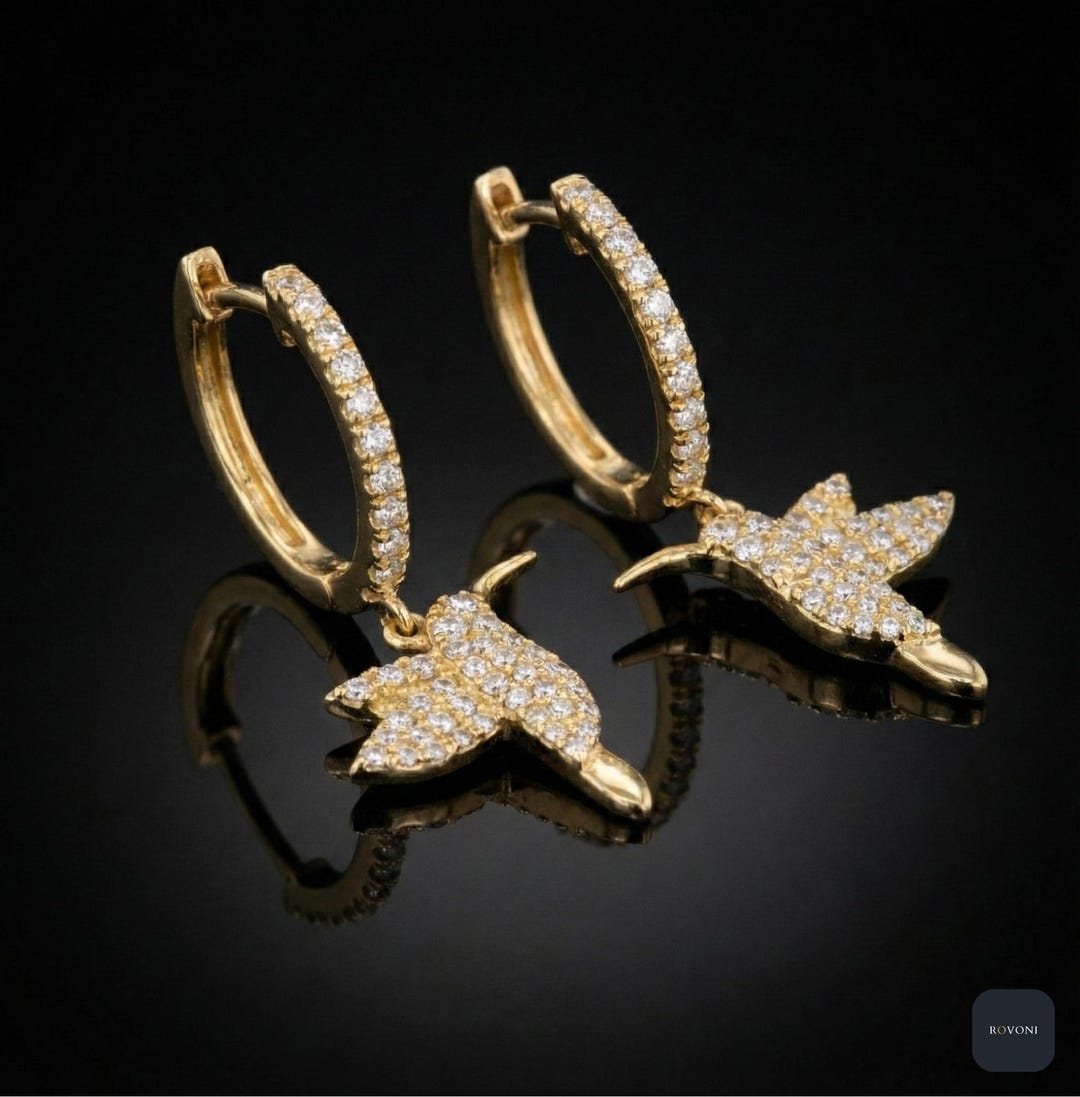 14kt Gold Diamond Hummingbird Earrings, Pavé Bird Charm Hoops - Etsy