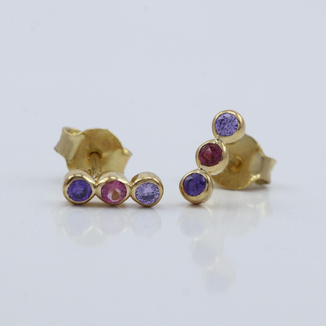 14kt Solid Gold Trio Gemstone Studs, Ruby and Sapphire Earrings - Etsy