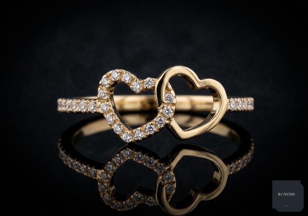 Solid Gold Double Heart Diamond Ring • Couple's Promise Ring - Etsy