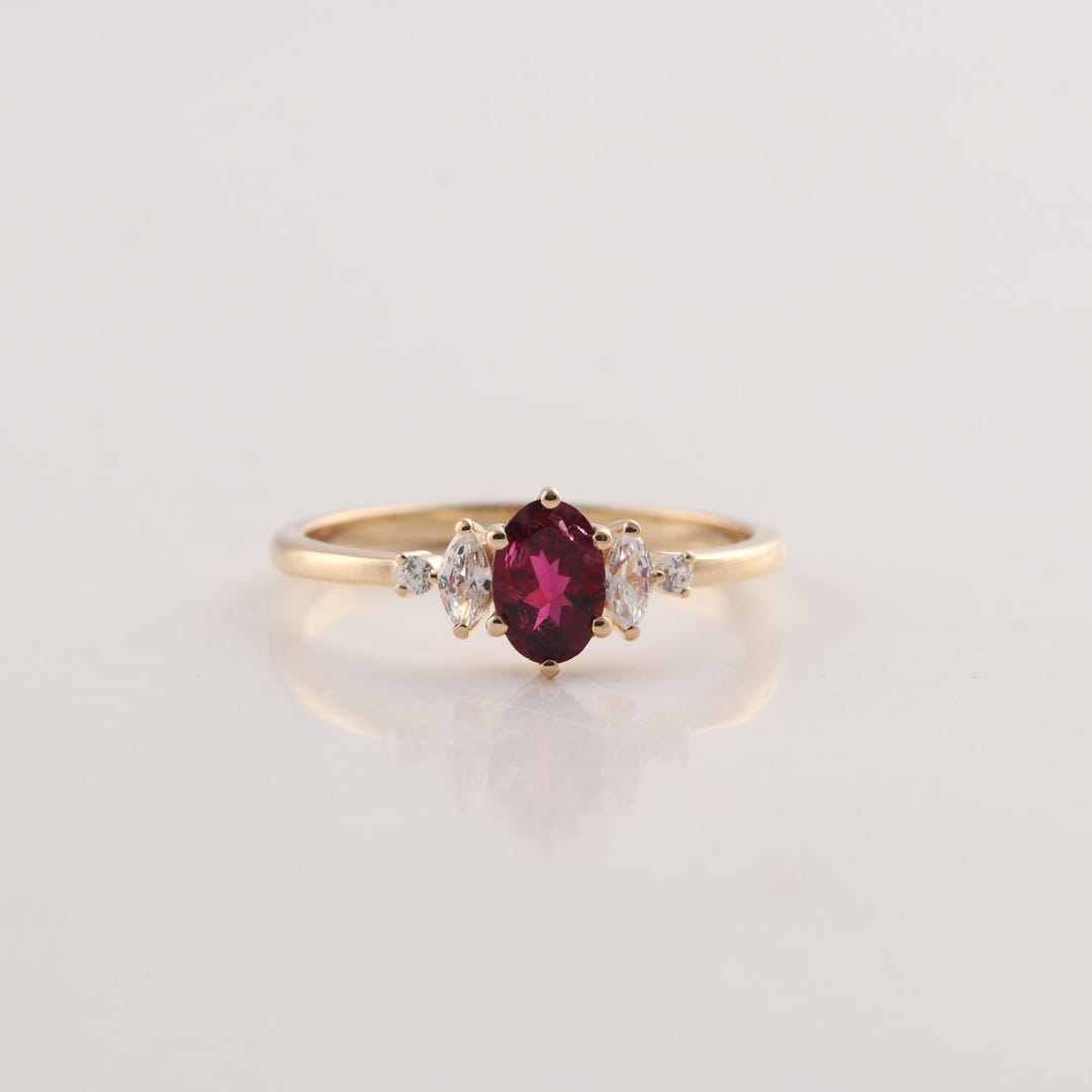 Oval Rubellite Diamond Ring • 14K Gold Gemstone Cluster Ring - Etsy