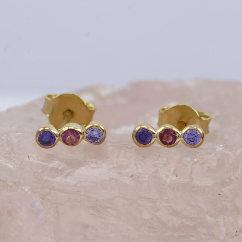 14kt Solid Gold Trio Gemstone Studs, Ruby and Sapphire Earrings - Etsy