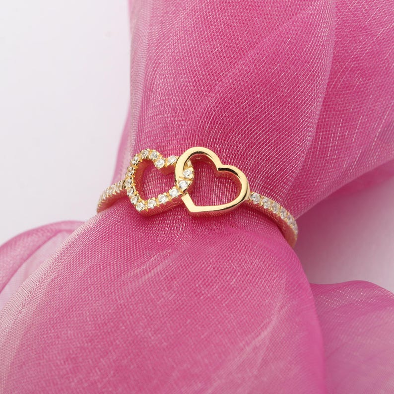 Solid Gold Double Heart Diamond Ring • Couple's Promise Ring - Etsy