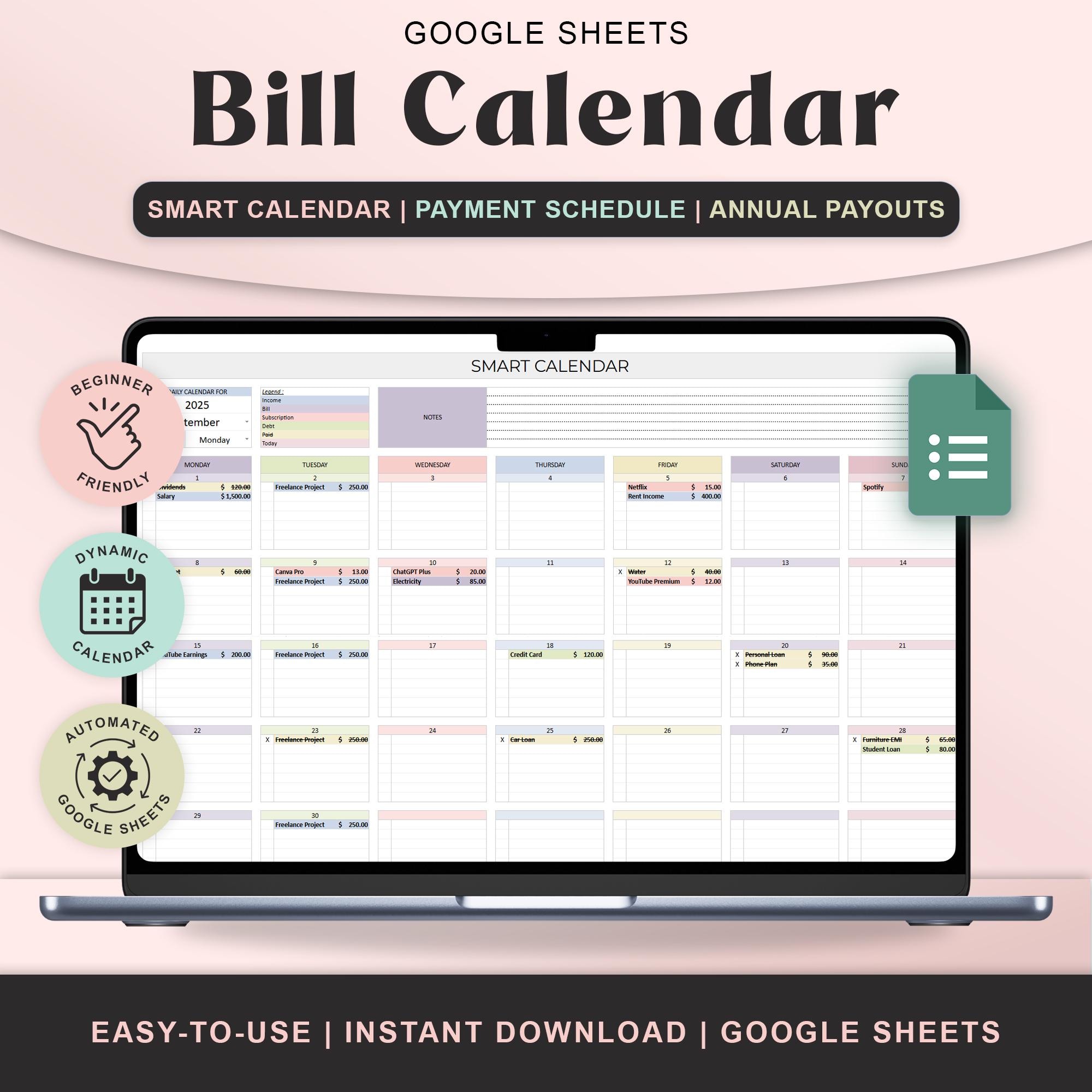Bill Tracker Spreadsheet Bill Calendar Google Sheet Monthly Bill ...