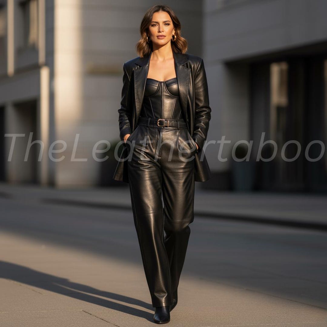 Women's Real Leather Outfit - Blazer, Corset Top & Pants Set - Etsy