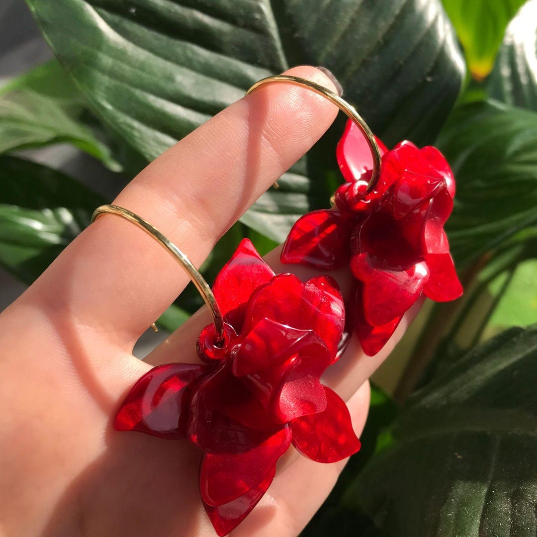 Red Resin Flower Hoop Earrings, Gold Tone, Statement Jewelry - Etsy