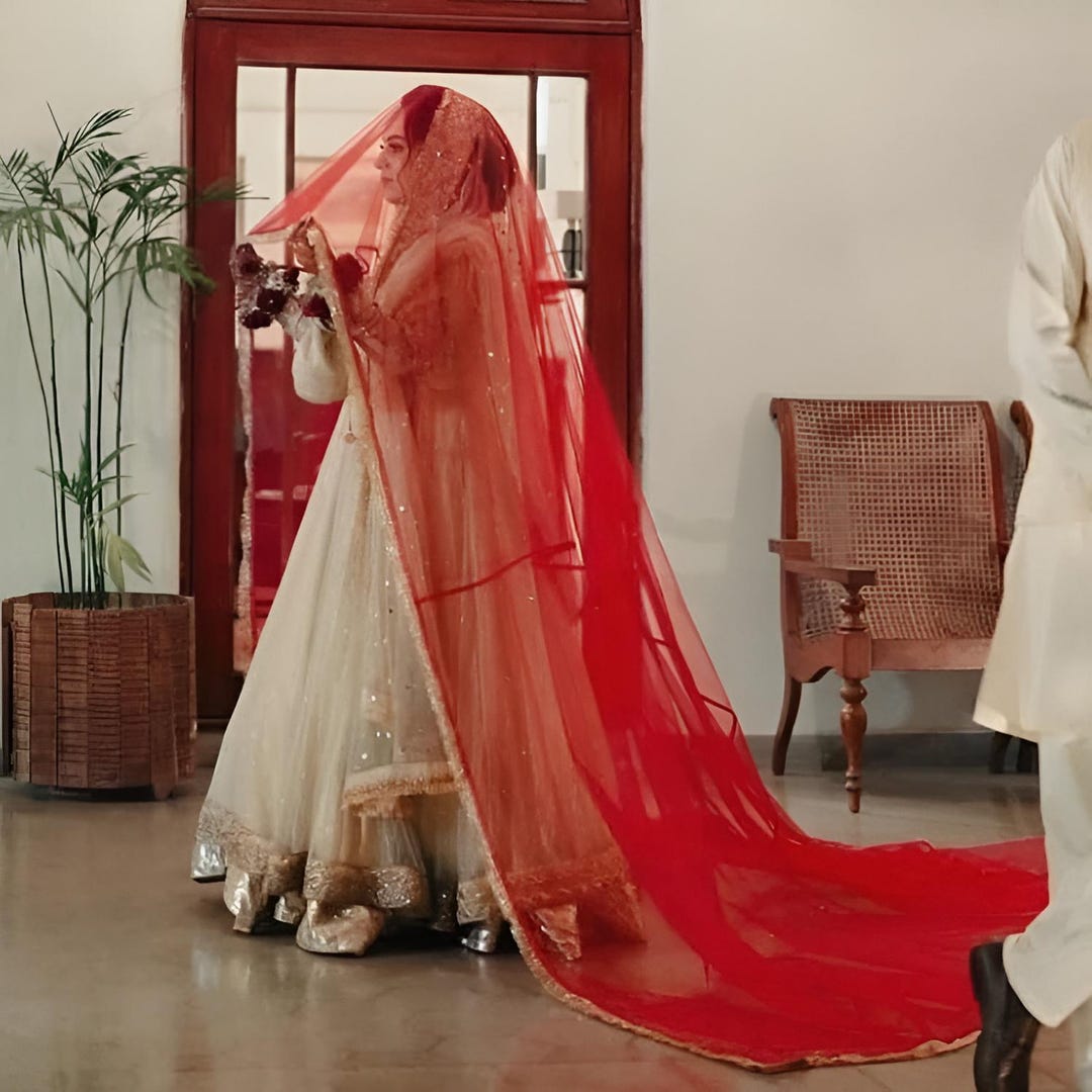 Custom Red Bridal Nikkah Dupatta, Kiran Lace - Pakistani Wedding Veil ...