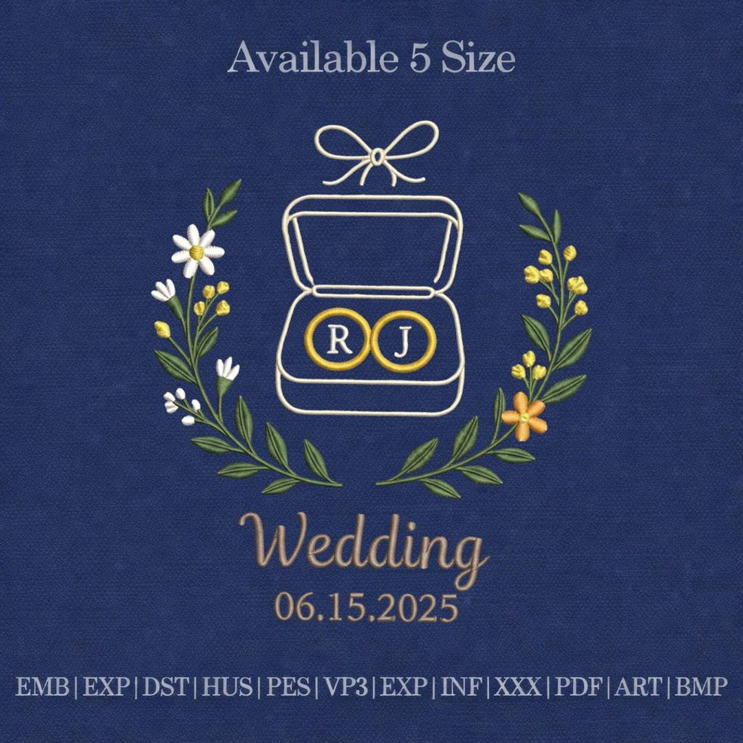 Wedding Embroidery Design, Custom Initials Ring Box, Wedding Date ...