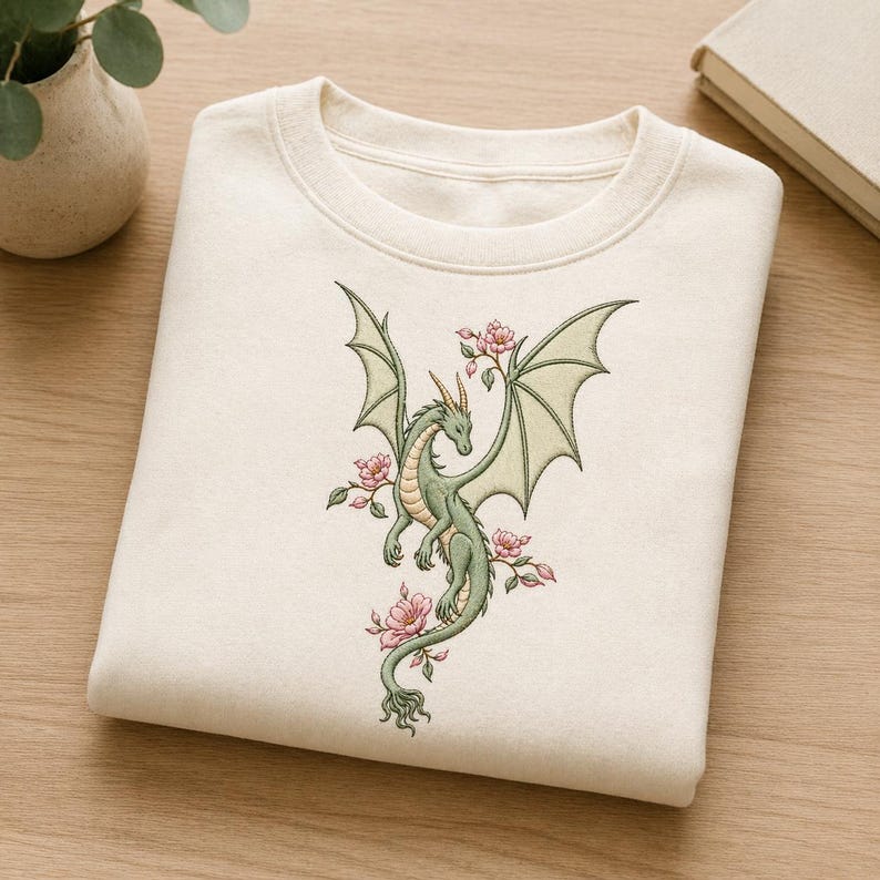 Dragon Embroidery Design With Flowers, Fantasy Creature Digital ...