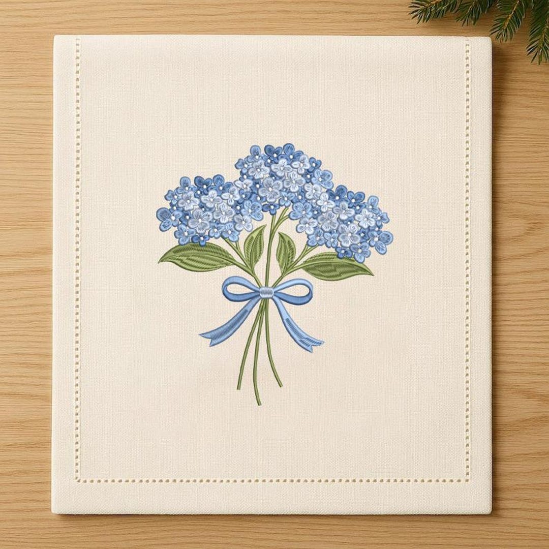 Blue Flower Bouquet Embroidery Design, Hydrangea Floral Bow Machine ...