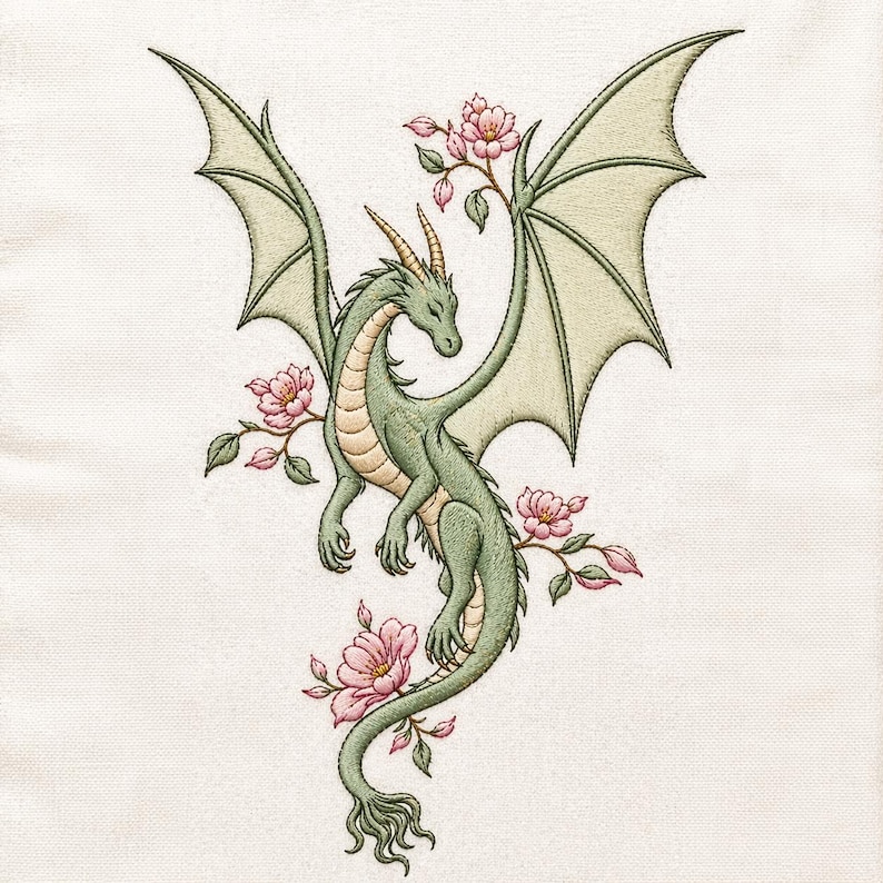 Dragon Embroidery Design With Flowers, Fantasy Creature Digital ...