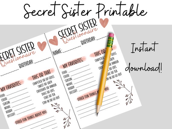 Secret Sister Questionnaire printable - Etsy