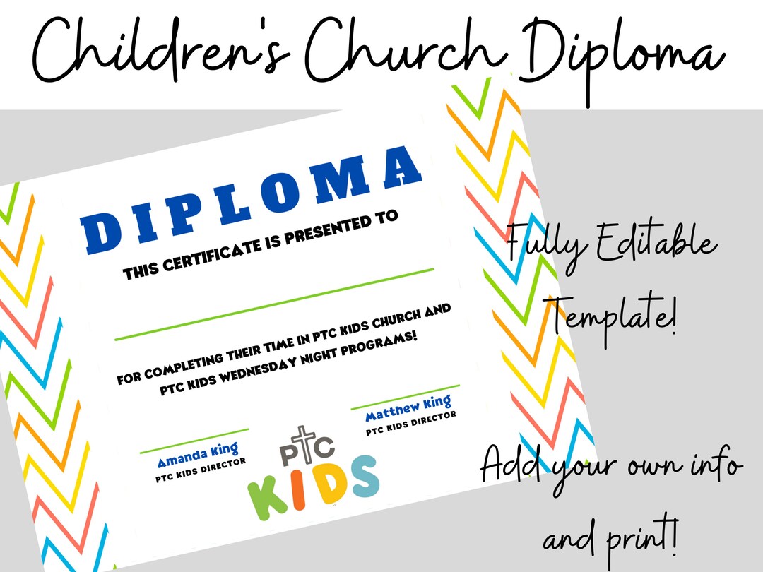 Children's Church or VBS Diploma, Printable Kid's Church Graduation ...