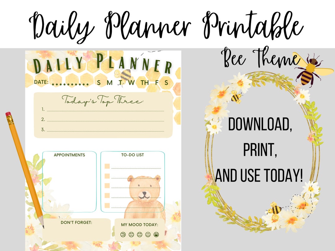 Daily Planner Printable, Instant Download, Honey Bee Themed Daily ...