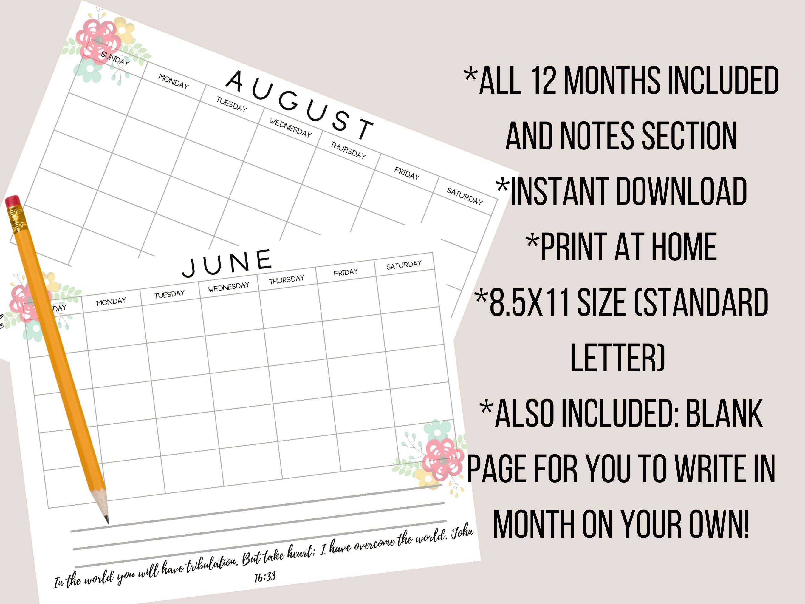 Printable Calendar *works for Any Year* Instant Download Calendar ...