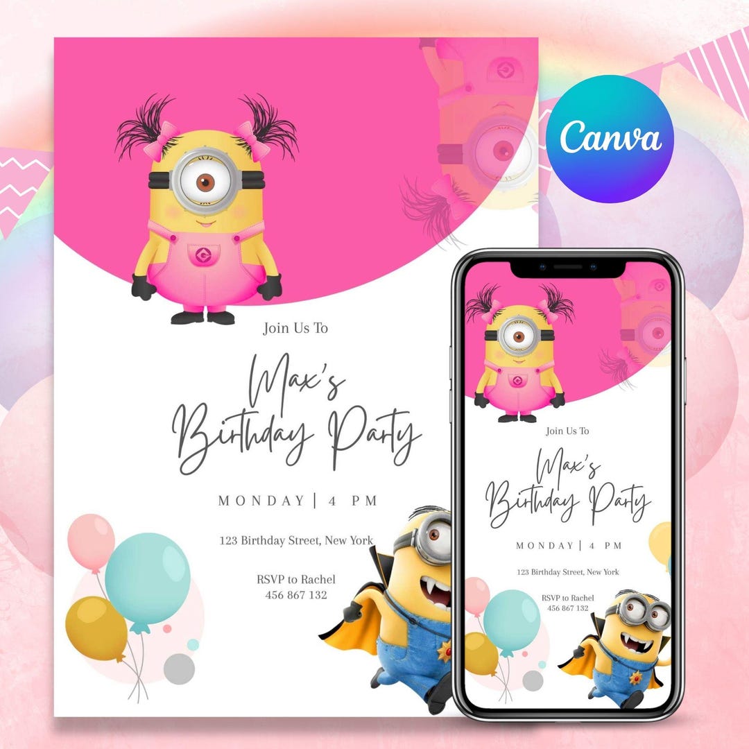 Editable Pink Minion Birthday Invitation, Party Invitation, Kids Minion ...