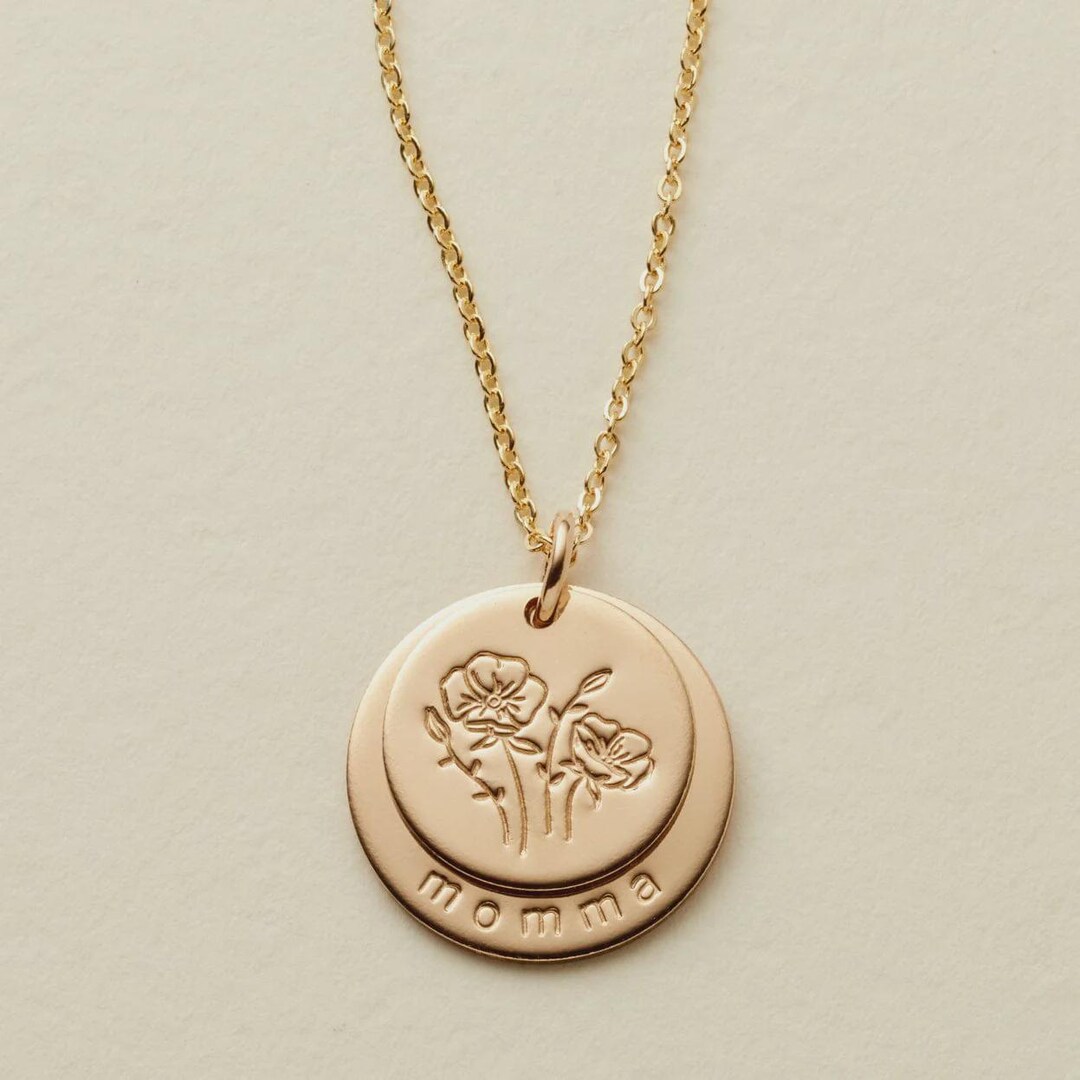 Nora Name & Birth Flower Disc Necklace – Personalized Floral Disk ...