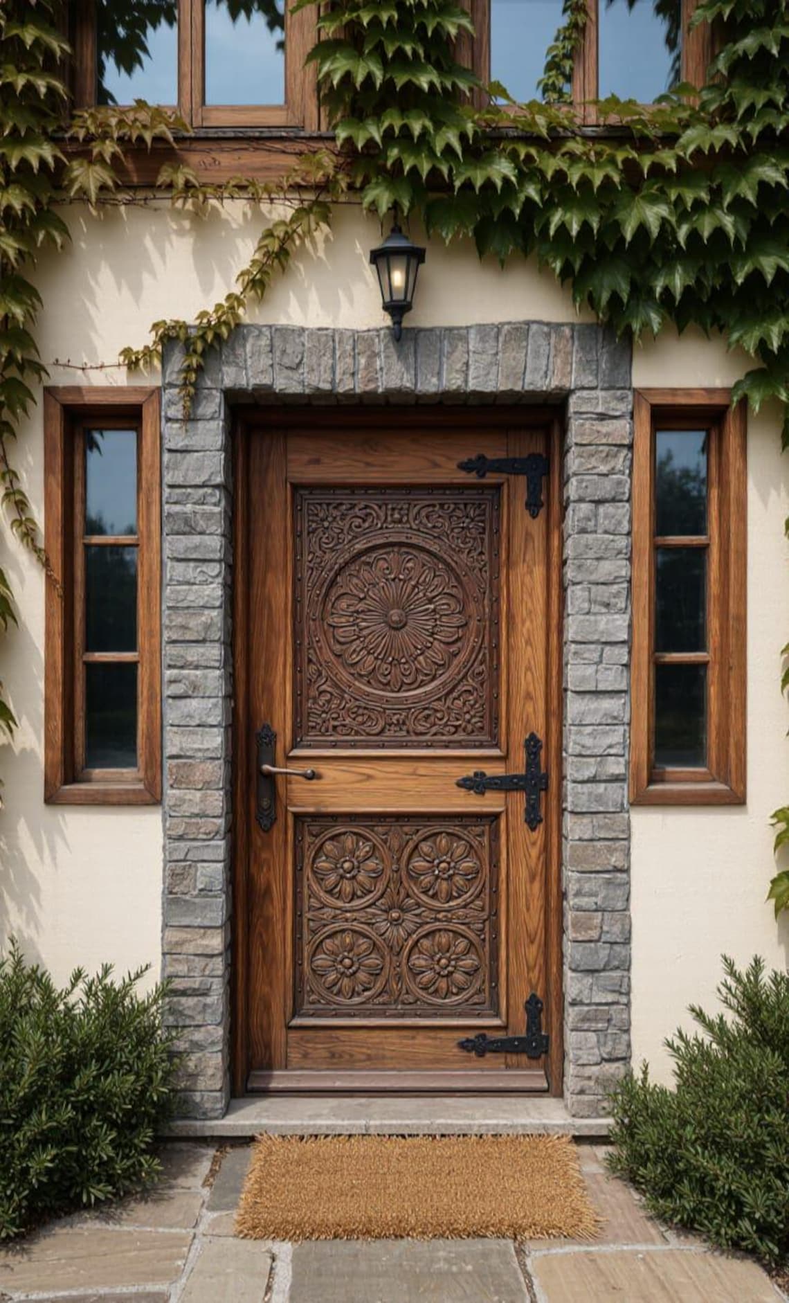Rustic Solid Wood Exterior Door With Mandala & Floral Medallions ...