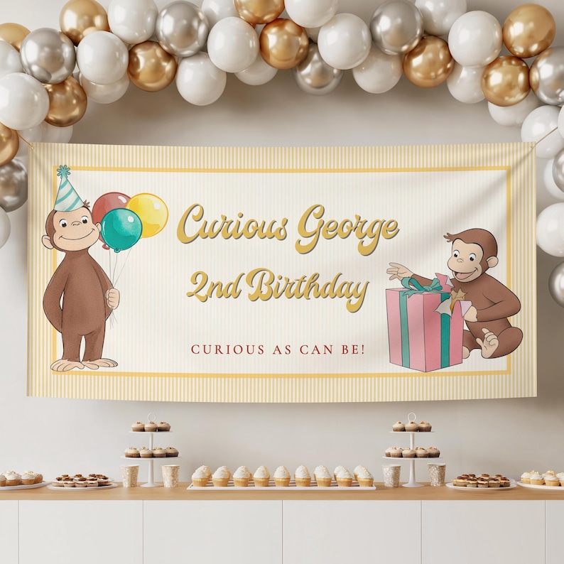 Curious George Birthday Welcome Sign, Watercolor Monkey, Editable ...