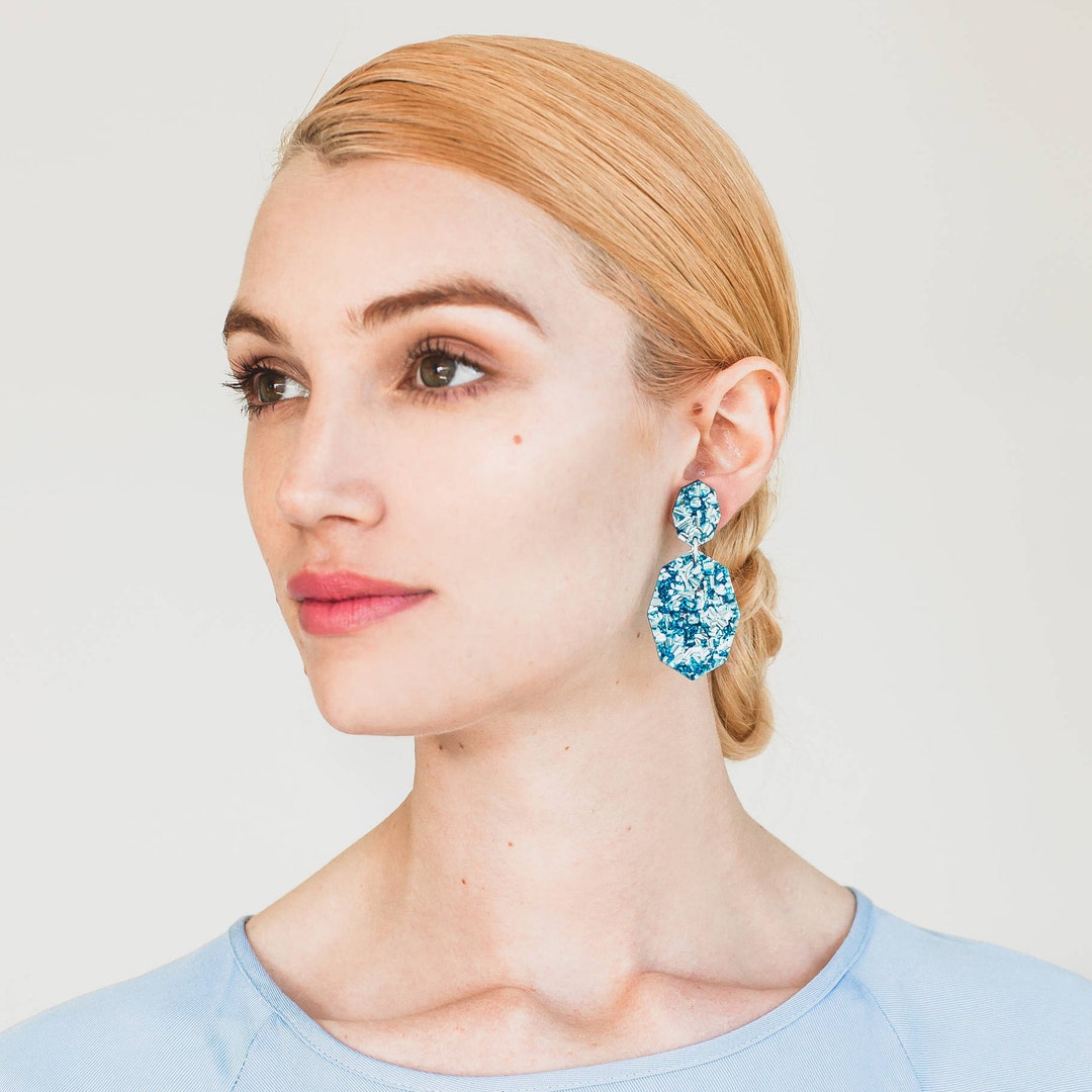 Gemstar Double Drops Ice Blue Glitter Geometric Drop Earrings Laser Cut ...