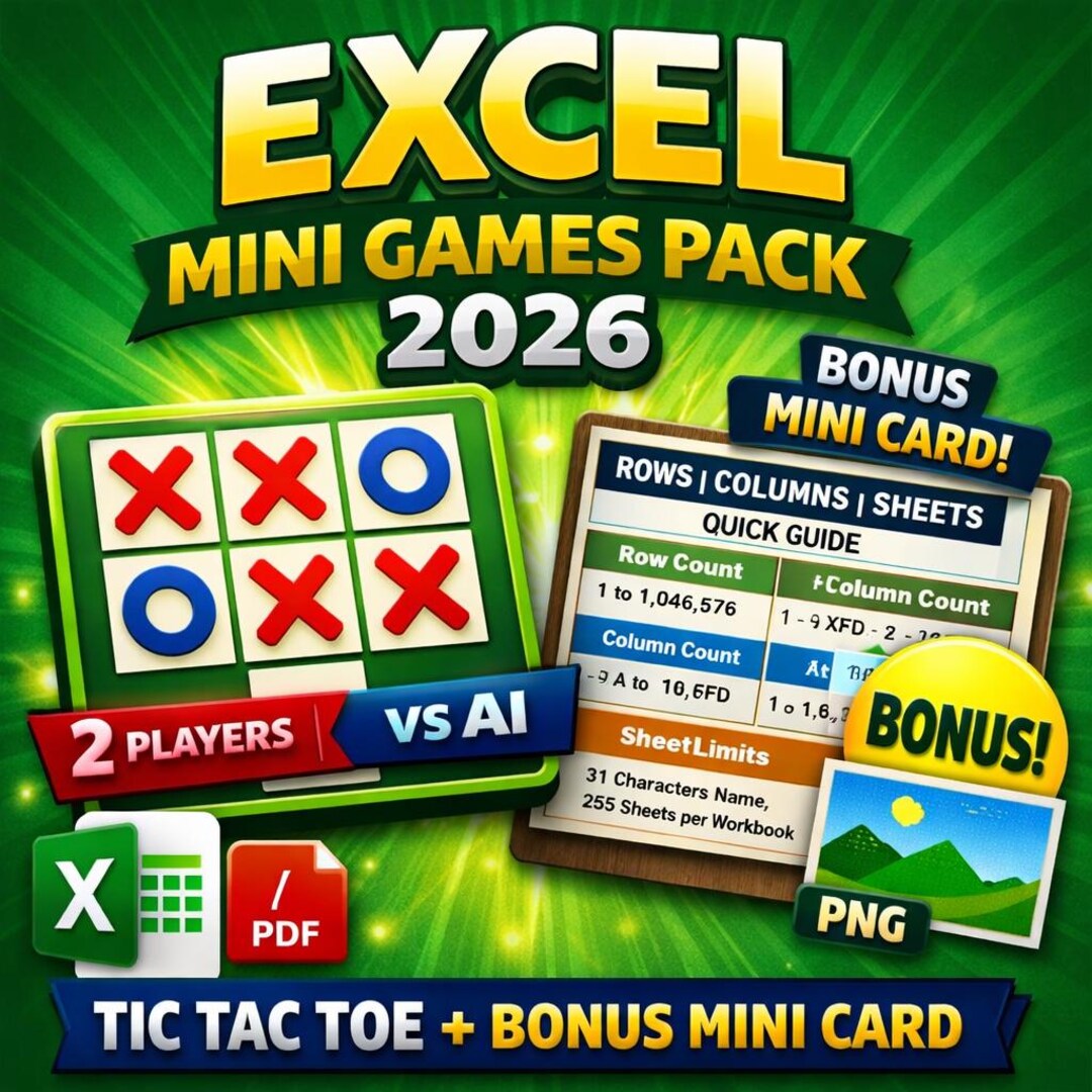Excel Mini Games Pack 2026 – Tic Tac Toe + Bonus Mini Card - Etsy