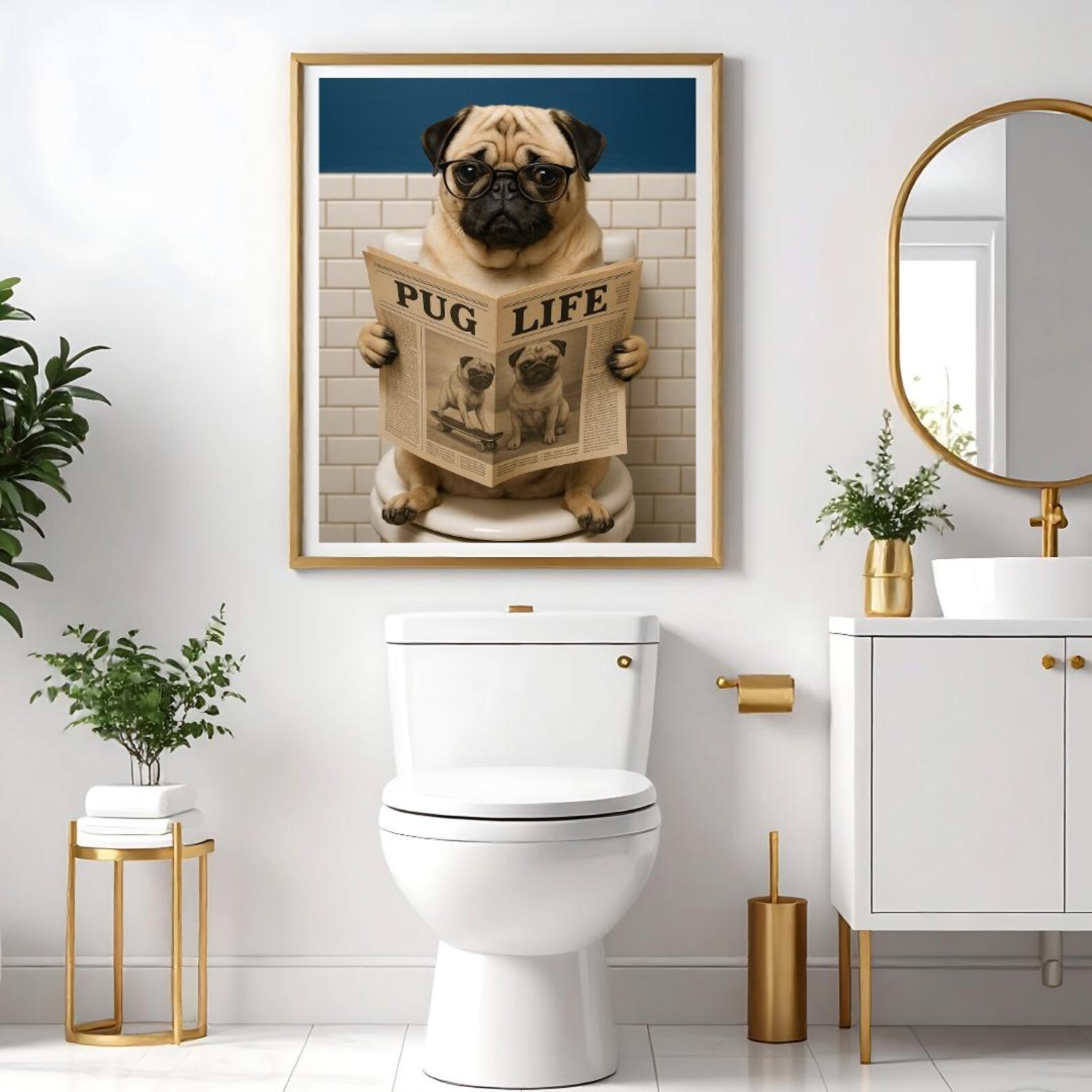 Pug Dog on the Toilet Bathroom Wall Art Poster - Etsy