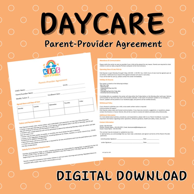Editable Daycare Parent Contract | Childcare Agreement Template ...